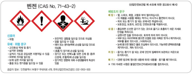 화학물질 경고표시 작성예 작성방법 경고표시규격 그림문자의 크기 규정 신호어 유해 위험문구 예방조치문구